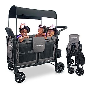 WONDERFOLD W4 Elite Quad Stroller Wagon Featuring 4 Seats with 5-Point Harnesses, Adjustable Push Handle, and Removable UV-Protection Canopy, Charcoal Gray