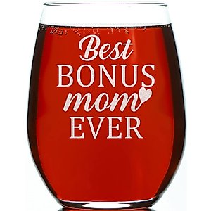 CARVELITA Best Bonus Mom Ever, 15oz Stemless Wine Glass, Mother's Day Gift for Stepmom, From Daughter, Son, Birthday Gift for Bonus Mom