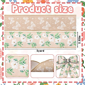 ALIBBON 2 Rolls 2.5" × 5 Yd Spring Magnolia Butterfly Wired Edge Ribbon Spring Flower Burlap Ribbons Lace Butterfly Ribbon Flaxen Ribbon for Spring Wreath DIY Crafting Gift Wrapping Party Decoration
