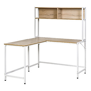 HOMCOM 55 Inch L Shaped Computer Desk with Hutch, Corner Desk for Home Office and Study, Writing Workstation with 2 Storage Compartments, Natural Wood Color
