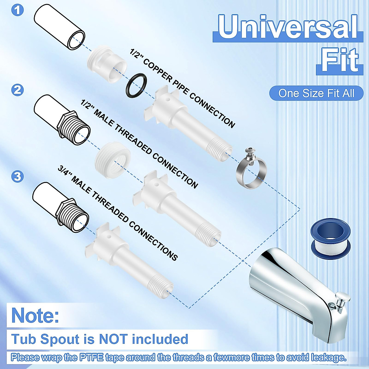 Dreyoo Four in One Tub Adapter, Bathtub Faucet Adapter Slip Fit for Copper, Universal Fits 1/2'' Copper Pipe, 1/2'' IPS and 3/4'' IPS, Tub Spout Diverter Repair Kit with Assembly Tool