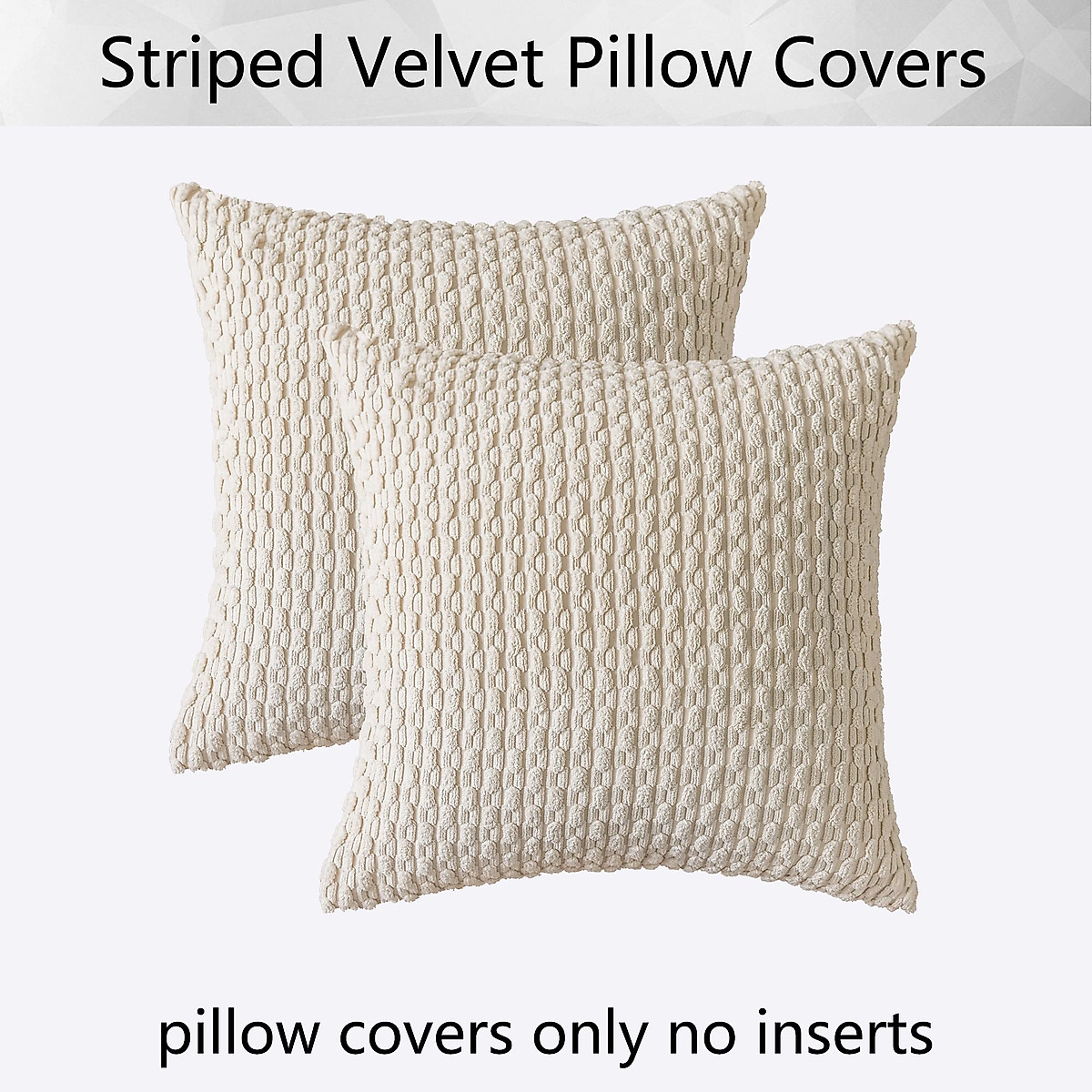 Kevin Textile Decorative Throw Pillow Cover Striped Corduroy Plush Texture Velvet Euro Cushion Cover for Bed 24 x 24 Inch (60cm) Set of 2 Cream