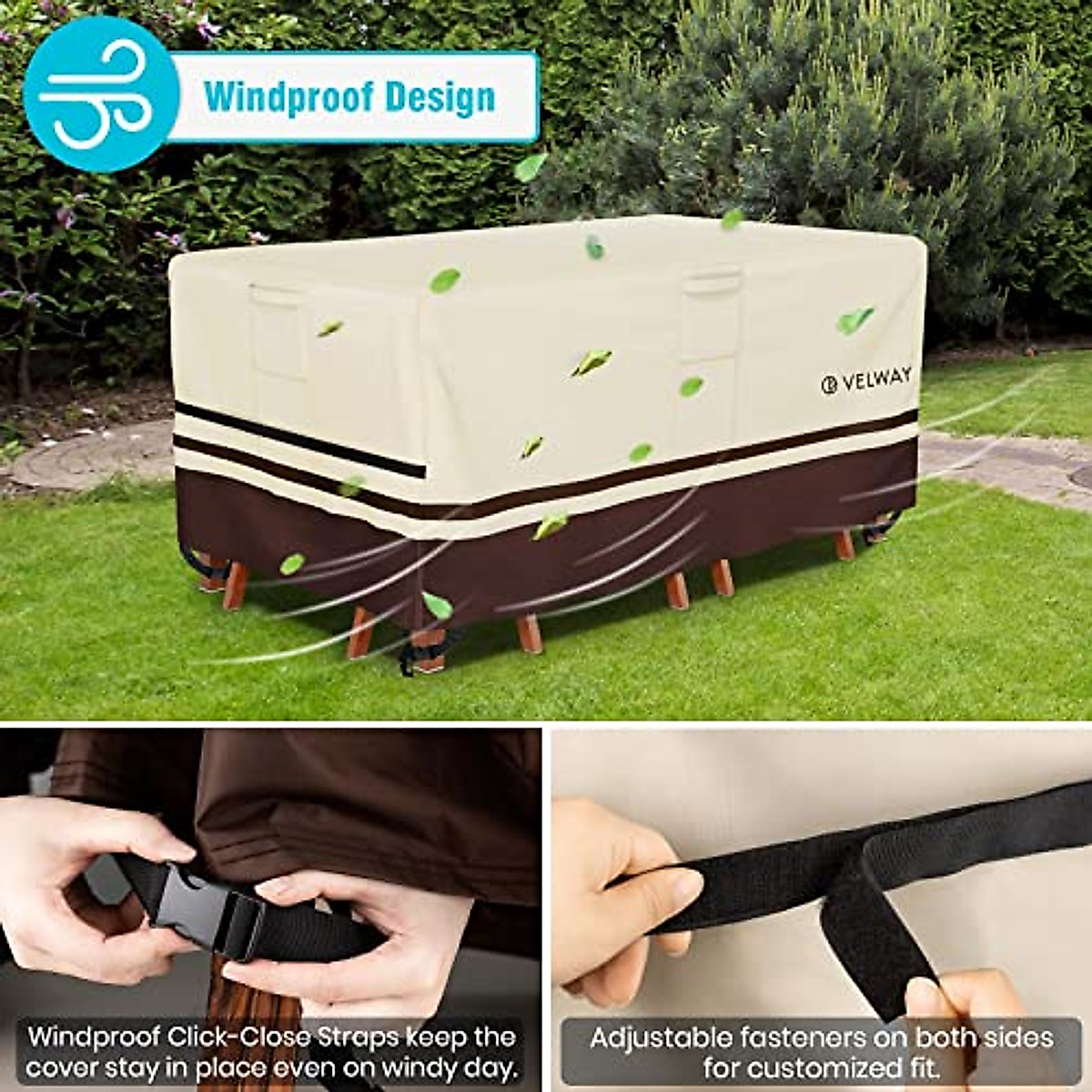 Velway Patio Furniture Covers Waterproof Outdoor Table Cover with Seam Taped, 67" Lx37 Wx28 H Patio Table and Chair Cover Tear-Resistant Rectangular Windproof with Air Vents & Adjustable Fasteners