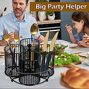 360° Rotating Metal Utensil Caddy, Utensil Organizer Holder 4 Compartment Flatware Storage Basket Portable Multipurpose Countertop Silverware Organizer for Kitchen Picnic Camping Outdoor (Black)