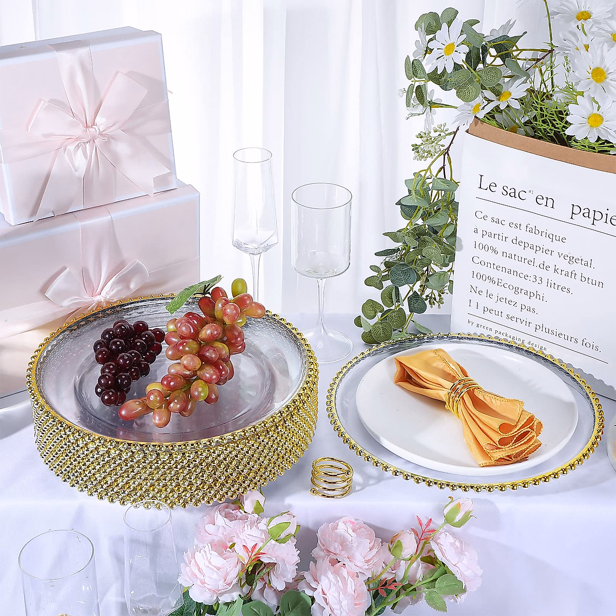 Yinder 12 Set Gold Beaded Charger Plates and Napkin Rings, Acrylic Gold Beaded Clear Chargers for Dinner Serving Plates with Gold Beaded Rim Wedding Dinning Table Party Decoration