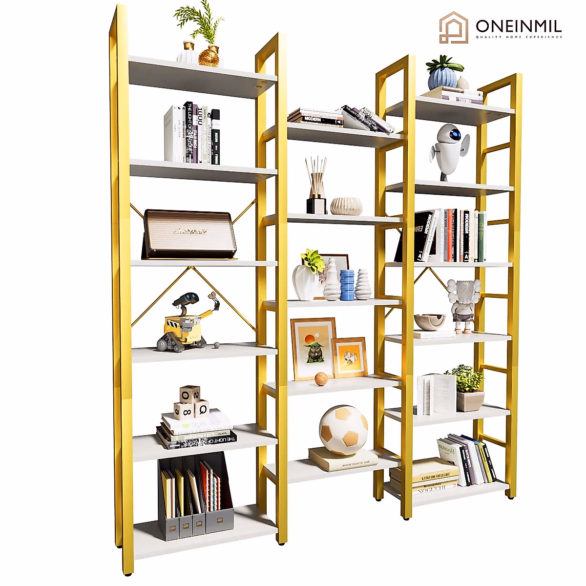 oneinmil Triple Wide 6-Shelf Bookcase Industrial Vintage Wood Style Large Open Bookshelves for Home&Office, Rustic Brown (6 Tier, White/Gold)