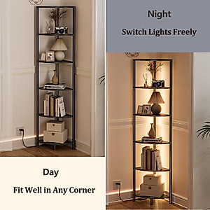 Furnulem 6 Tier Corner Shelf with LED Light, 67.5” Tall Standing Shelf Organizer, Black Narrow Bookshelf with Storage Rack for Wall Corner, Living Room, Bedroom, Metal Frame, Wood Display Shelf