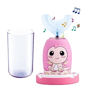 NC Kids Automatic Toothbrush with Blue Lights,U Shaped Design,USB Charging with Water Cup,IPX7 Waterproof,45s Cleans All Teeth,Pink
