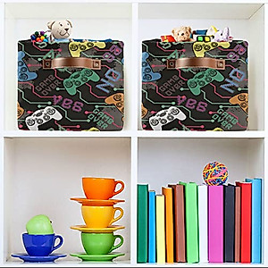 Joysticks Gamepad Grunge Fabric Storage Bin for Organizing Basket for Shelves Closet Nursery Toy Collapsible Storage Cubes Box with Leather Handle