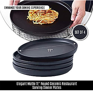 Bruntmor 11 Inch Ceramic Plate Set of 4, Round Ceramic Pasta Salad Plate for Dinner, Dinnerware Plates for Christmas Gift, Plates Set for 4, Dishwasher and Oven Safe, Black