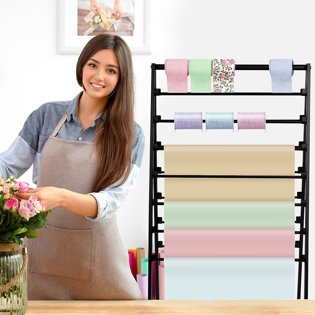 ikare Ribbon Holder,Ribbon Organizer,15 Tier Ribbon Holder Organizer Rack,Double-Sided Gift Wrapping Craft Ribbon Storage Shelf for Craft Room Cake Shop Flower Store,Black