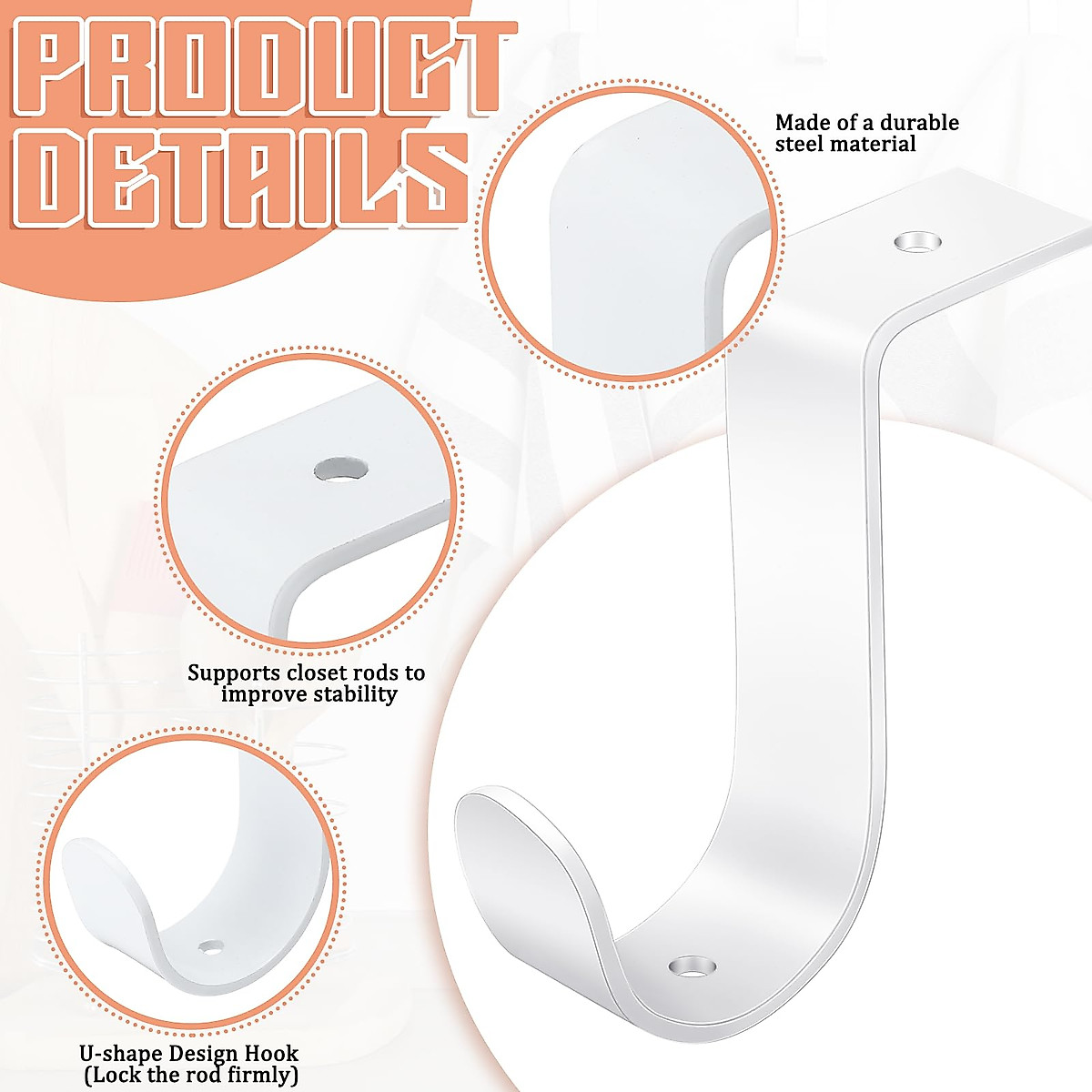 Hicarer 2 Pcs Closet Rod Brackets Heavy Duty Metal Wall Mount Rod Brackets with Screws Closet Rod Support Closet Shelf Rod Holder for Living Room Bedroom Office, White