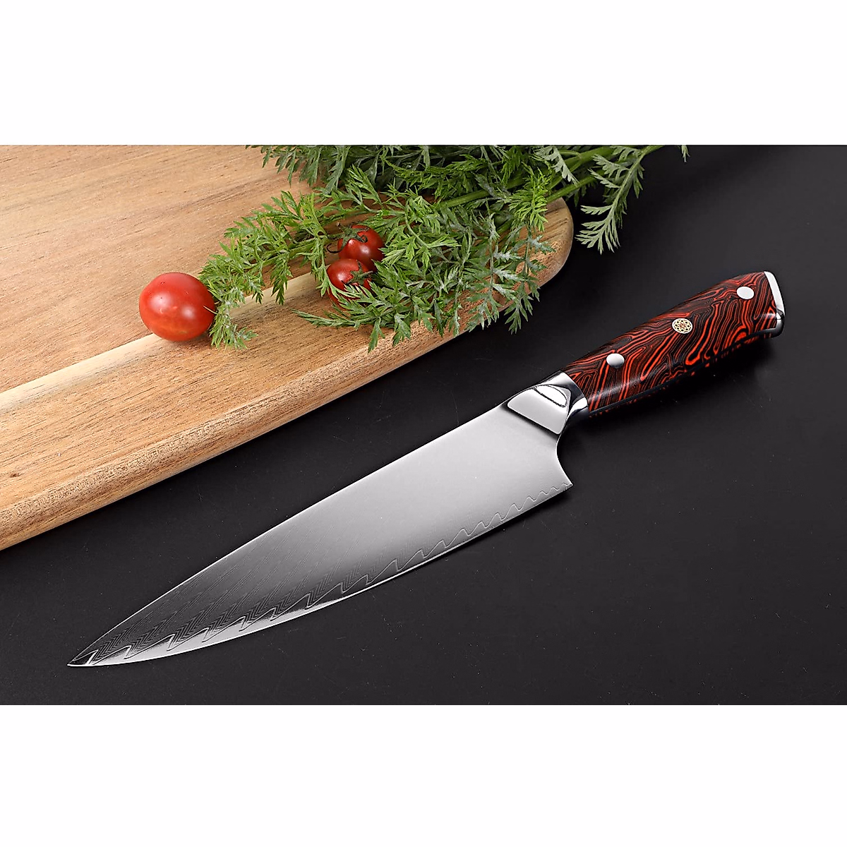 KEENSUN Damascus Chef Knife - 8 Inch Professiona Kitchen Knife Rust Resistant Japanese VG10 Super Steel 67 Layer High Carbon Stainless,with Red Ergonomic Resin Handle and Luxury Gift Box