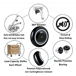 NINOSO 5" Wheels for Cart, 5/16" Axle Polyurethane Shopping Cart Wheels Replacement Casters 1400lbs Total Capacity