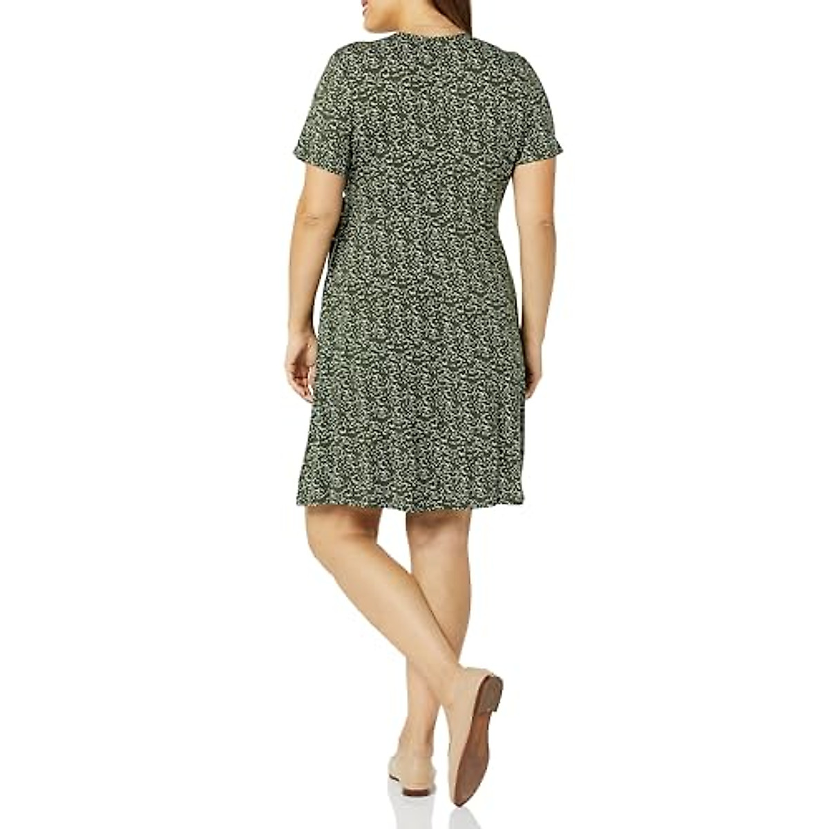 Amazon Essentials Women's Short Sleeve Faux-Wrap Dress, Olive Dots, Large