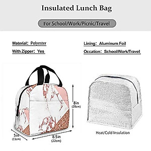 Pink White Marble Glitter Lunch Bag Cooler Bag Women Tote Bag Insulated Lunch Box Water-resistant Thermal Soft Liner Lunch Container for Picnic Travel Boating Beach Fishing Work