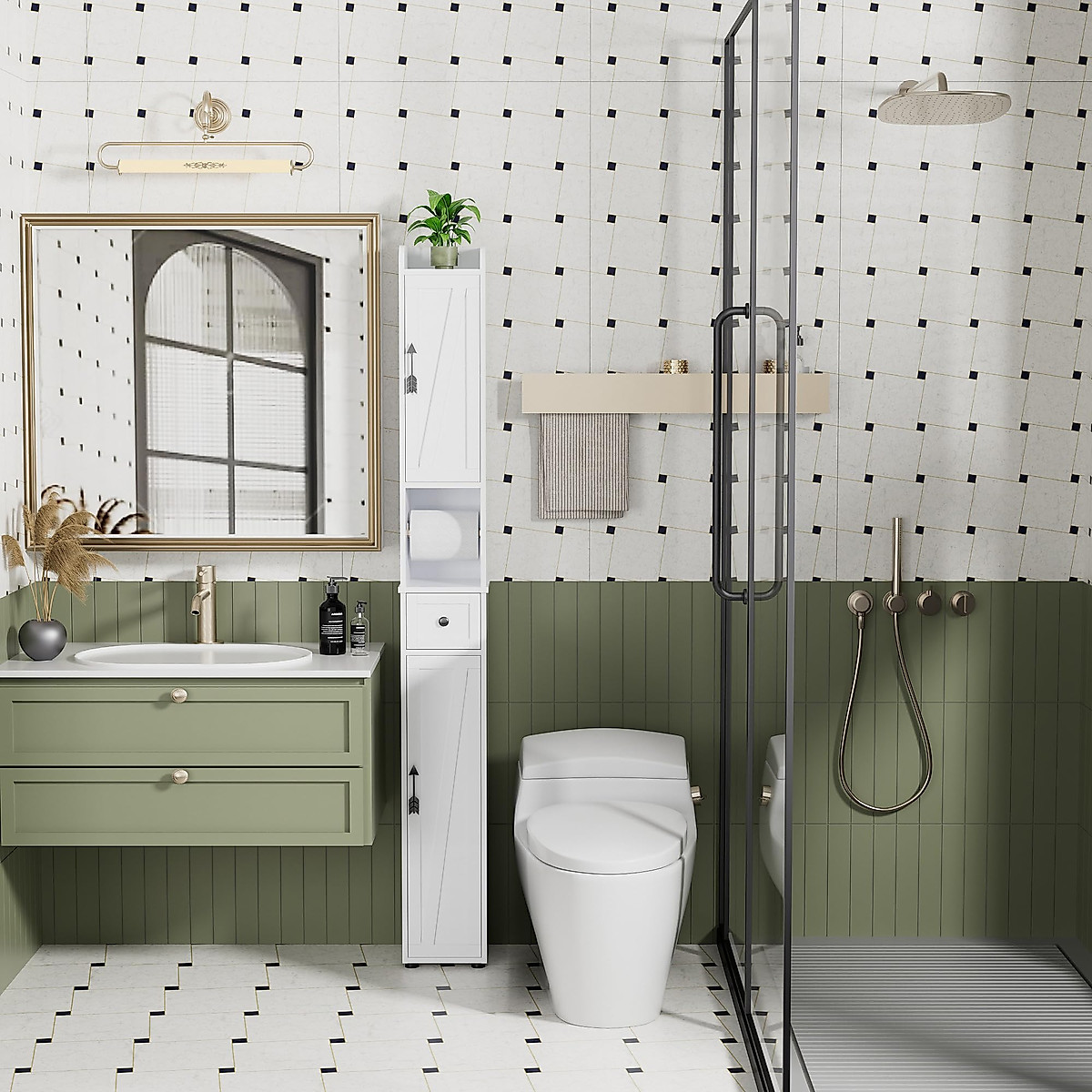 VECELO Bathroom Cabinet with Adjustable Shelf,Narrow Storage Cabinet for Small Space,Slim Cabinet 67in Tall with Metal Toilet Paper Rod Drawer,2 Magnetic Doors Farmhouse Style,Pearl White