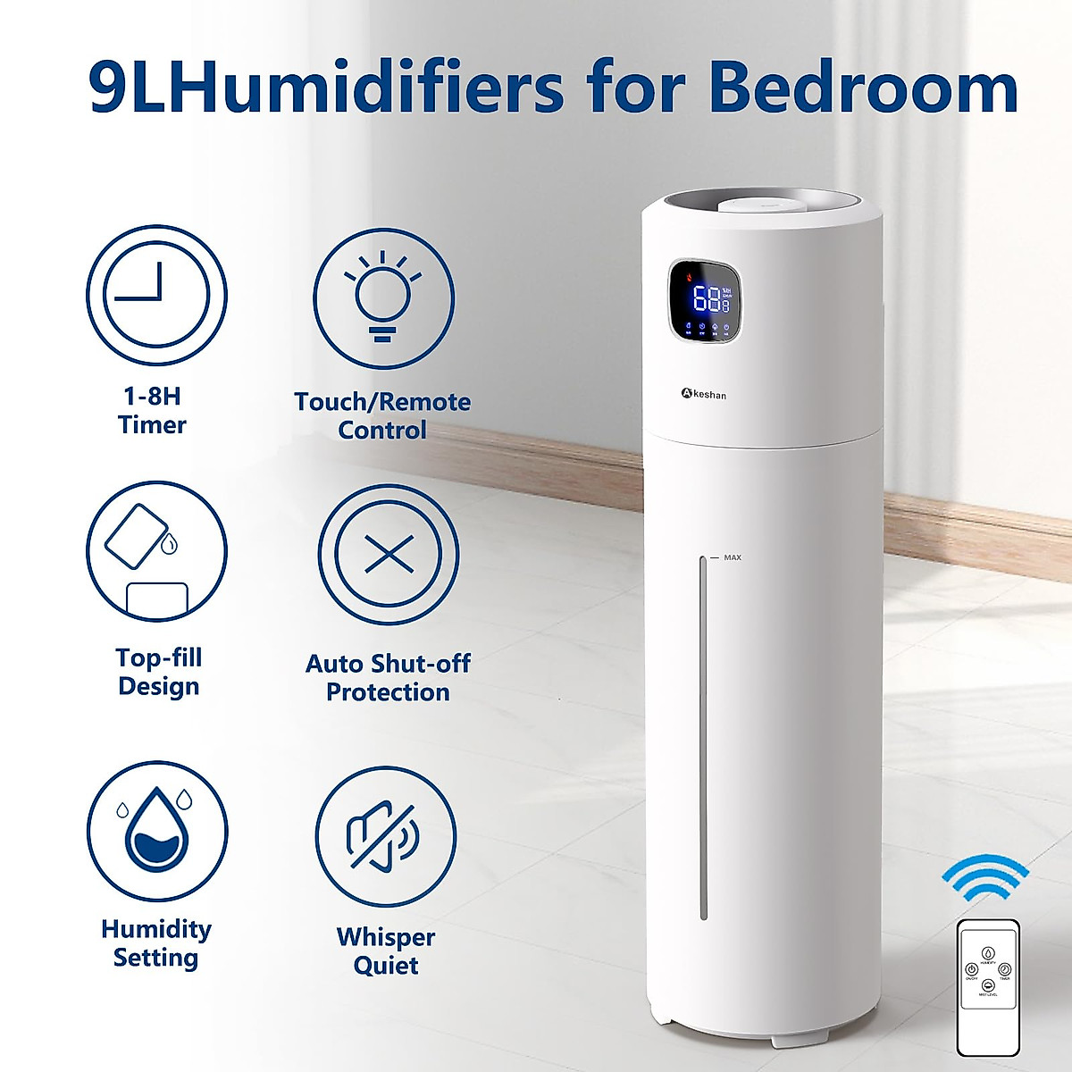 Large Humidifiers for Bedroom, 9L/2.5Gal Ultrasonic Cool Mist Humidifier, Easy Clean Humidifier with 350ML/H Large Mist Speed, Quiet Tower Humidifier, Suitable for Kids Room Plant Yoga (White)