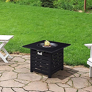 Outdoor Patio Fire Pit Table, 40,000 BTU Square Metal Propane Gas Firepit with Tabletop and Lava Rock for Outside Garden Backyard Deck Patio, 31.77 Inch Black