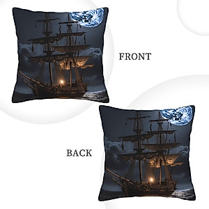 Pirate Sailboat Full Moon Print Throw Pillow Cover Corduroy Soft Pillowcase with Hidden Zipper Decorative Cushion Covers for Sofa Living Room Home Decors 20"X20"