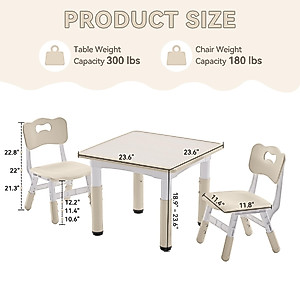GITAWUSA Kids Study Table and Chairs Set, Height Adjustable Toddler Table and Chair Set for Kids Ages 3-8, 23.6" L x 23.6" W Graffiti Desktop Plastic Children Art Table with 2 Seats, Burlywood