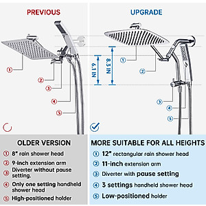 G-Promise All Metal 12 Inch Shower Head with Massage Mode Handheld, Rain Shower Head with Handheld Spray Combo, 3-Way Diverter with Pause Setting, 11 Inch Adjustable Extension Arm (Chrome)