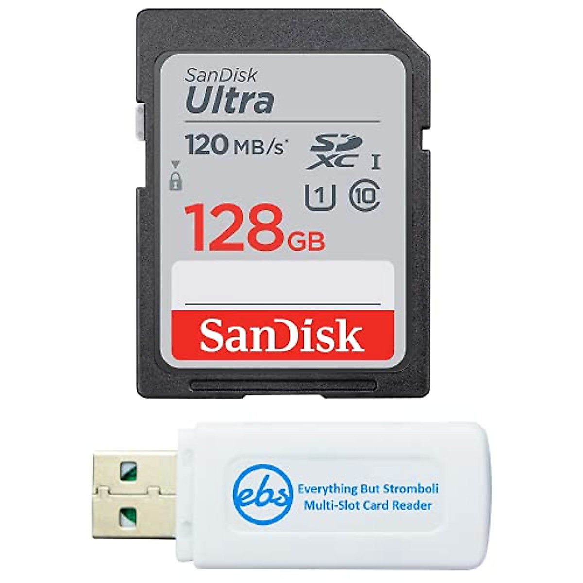 SanDisk SDXC Ultra 128GB Memory Card for Camera Panasonic Lumix Works with G7, GX85, GX80, GX7 Mark II, DC-G100, DC-G110 (SDSDUN4-128G-GN6IN) Bundle with (1) Everything But Stromboli SD Card Reader
