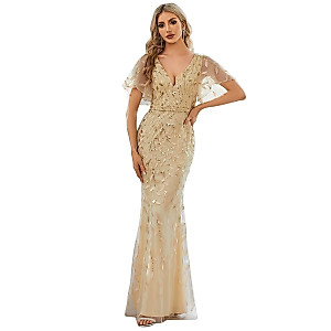 Ever-Pretty Women's Bridesmaid Dress V Neck Short Sleeve Sparkly Embroidery Formal Dress Gold US4