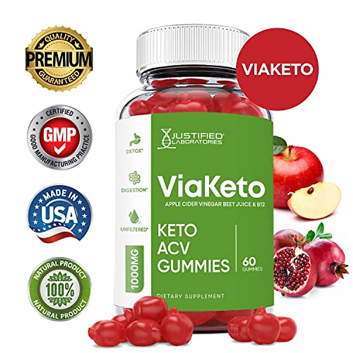 Justified Laboratories (5 Pack) Viaketo Keto Gummies 1000MG Via Keto ACV with Pomegranate Juice Beet Root B12 300 Gummys