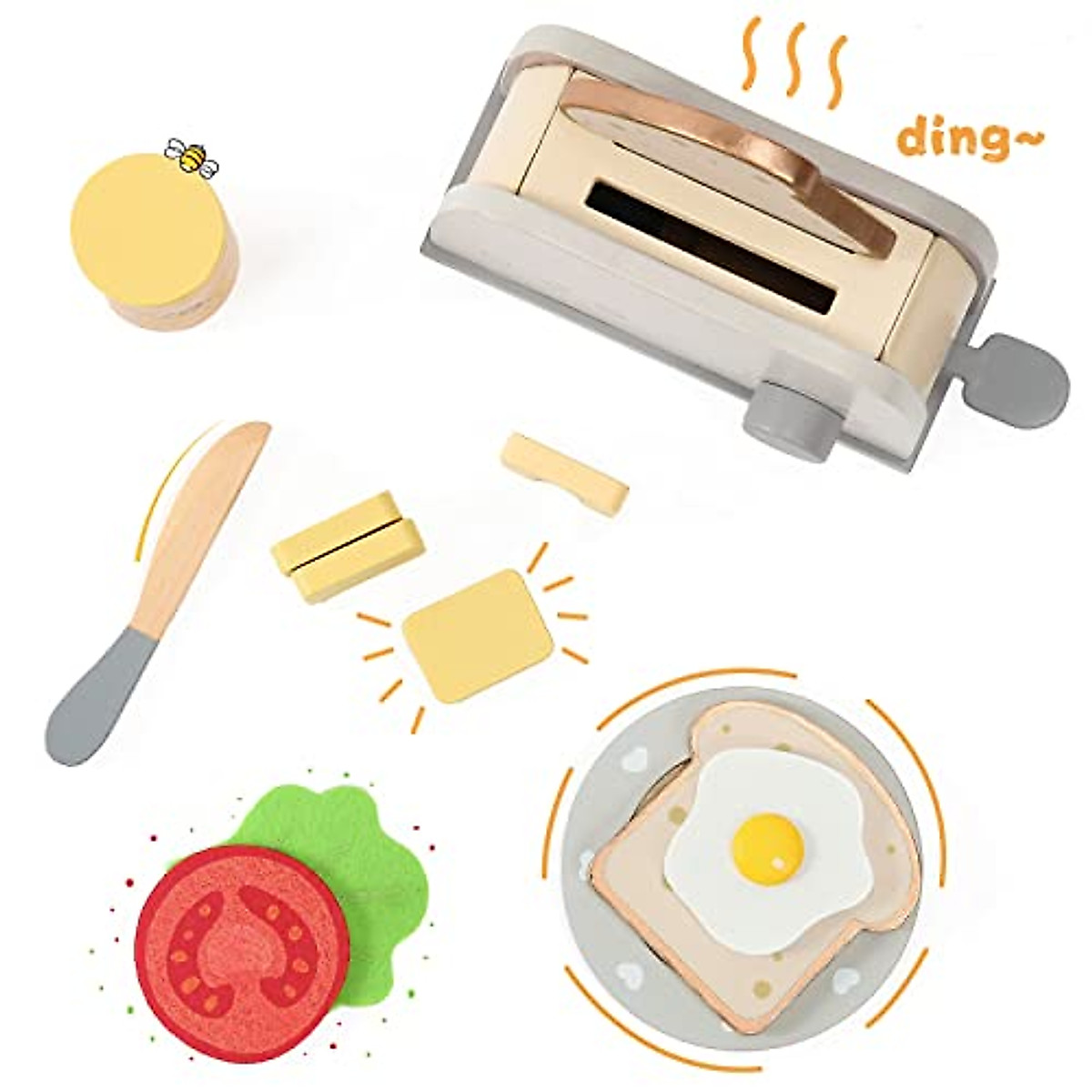 Frogprin Pop up Toaster Play Kitchen Playset, Wooden Toy Food 13 Pcs Play Kitchen Accessories, Pretend Play Food Sets for Kids Kitchen, Interactive Early Learning Toaster for Girls & Boys