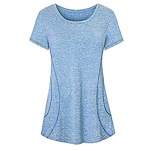 Cucuchy Yoga Outfit Women, Workout Clothing Petite Fitness Gym Top Basic Short Sleeve Round Neck Shirt Breathable Lightweight Tops Comfortable Quick Dry Clothes Training Jersey Shirts Blue M