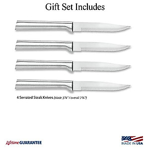 Rada Cutlery Serrated Steak Knife Set Stainless Steel Knives with Brushed Aluminum, Set of 4, 7 3/4, Silver Handle