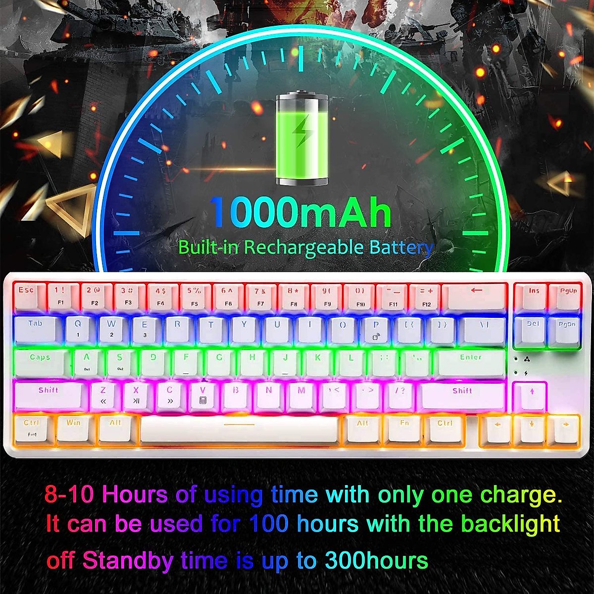 Wireless Mechanical Gaming Keyboard,60% Ultra-Compact Blue Backlit Rechargeable Bluetooth Dual Wired/Wireless Blue Switches Computer Keyboard for Multi-Device Phone Android Mobile(White Rainbow)