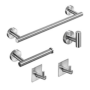 Bathroom Hardware Set, No-Drill Hooks SUS304 Stainless Steel Bathroom Accessories Kit Includes 16inch Towel Bar,3 Robe Towel Hooks,Toilet Paper Holder (Nickel)
