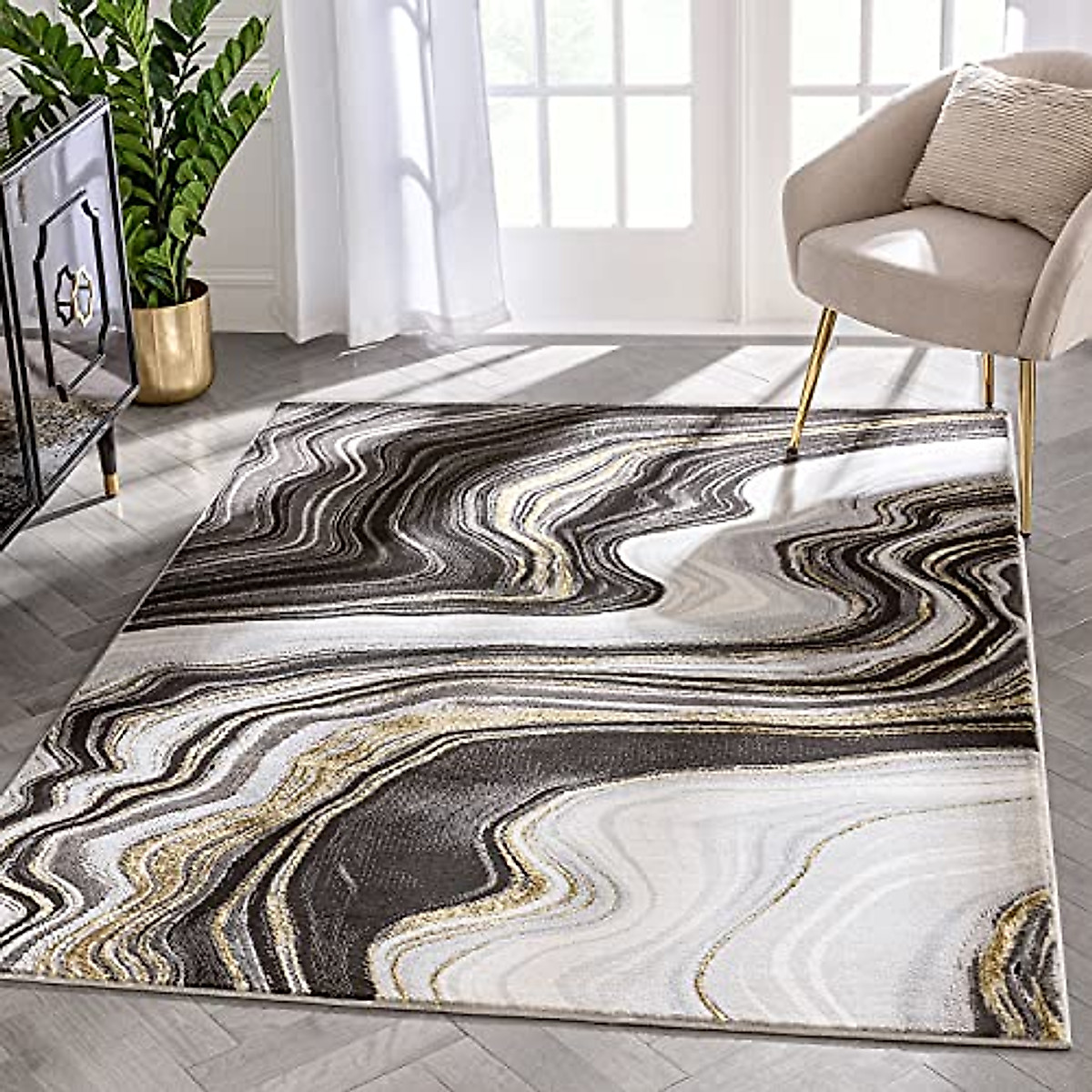 Well Woven Werrick Glam Grey & Gold Striated Marble Area Rug 9'3" x 12'6"