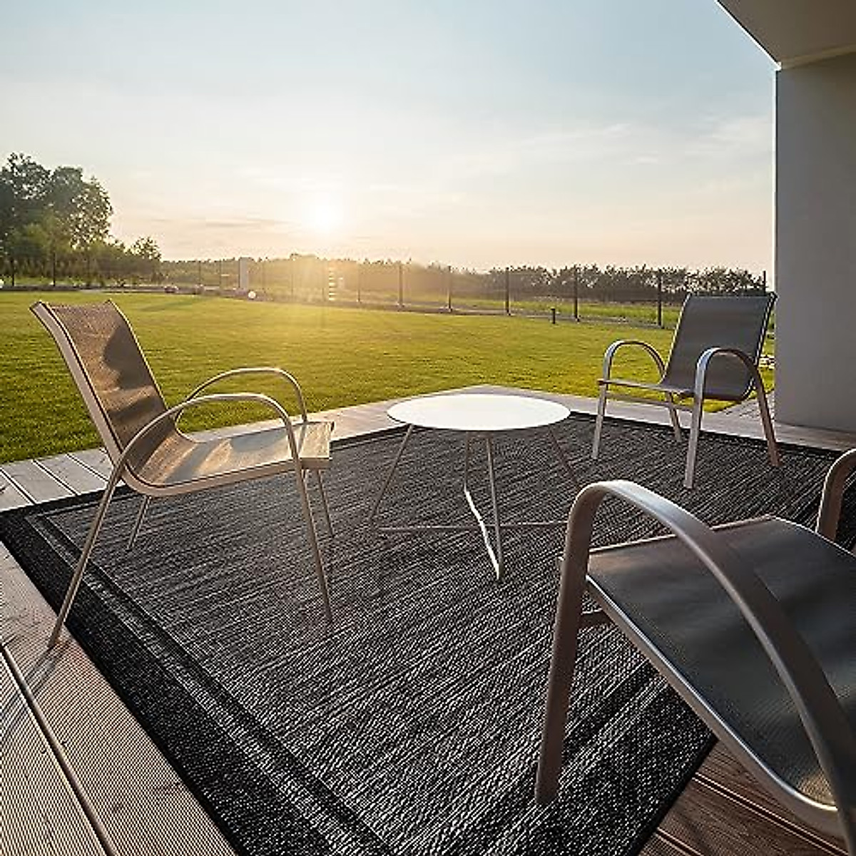 CAMILSON Indoor Outdoor Rug, 5x7 Bordered Dark Grey Black Modern Area Rugs for Indoor and Outdoor Patios, Kitchen and Hallway Mats, Washable Porch Deck Outside Carpet (Bordered Black, 5x7)