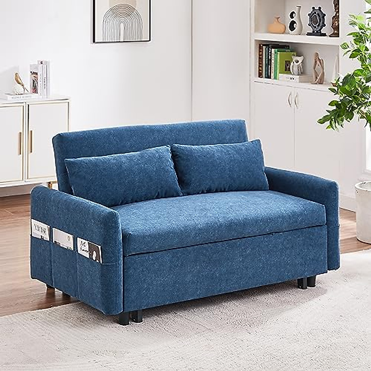 55.1" Pull Out Sofa Bed, 2 Seater Loveseats Sofa Couch with Adjustable Backrest, Storage Pockets, 2 Soft Pillows, Convertible Sleeper Sofa Bed for Living Room Bedroom Apartment Office (Blue 091)