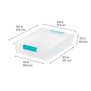 IRIS USA 6 Quart Clip Box, Clear Plastic Storage Bins with Secure Latching Buckles, Organizing Container for Office, School, Kids and Craft Room, Large, Clear/Seafoam Blue, 4 Pack