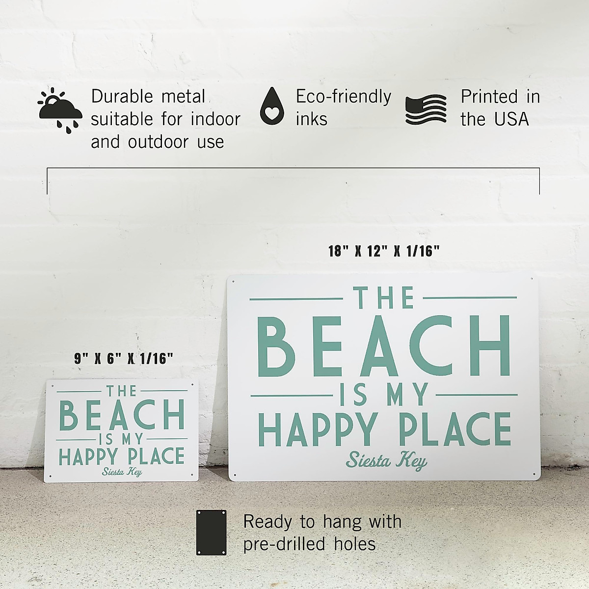 Lantern Press 12x18 Inch Metal Sign, Siesta Key, Florida, The Beach is My Happy Place, Simply Said