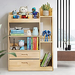 MoNiBloom Bookcase with Organizer and 2 Drawers, 3 Tier Wood Display Shelf Stand for Multifunction Storage Cabinet for Living Room, Bedroom, Natural