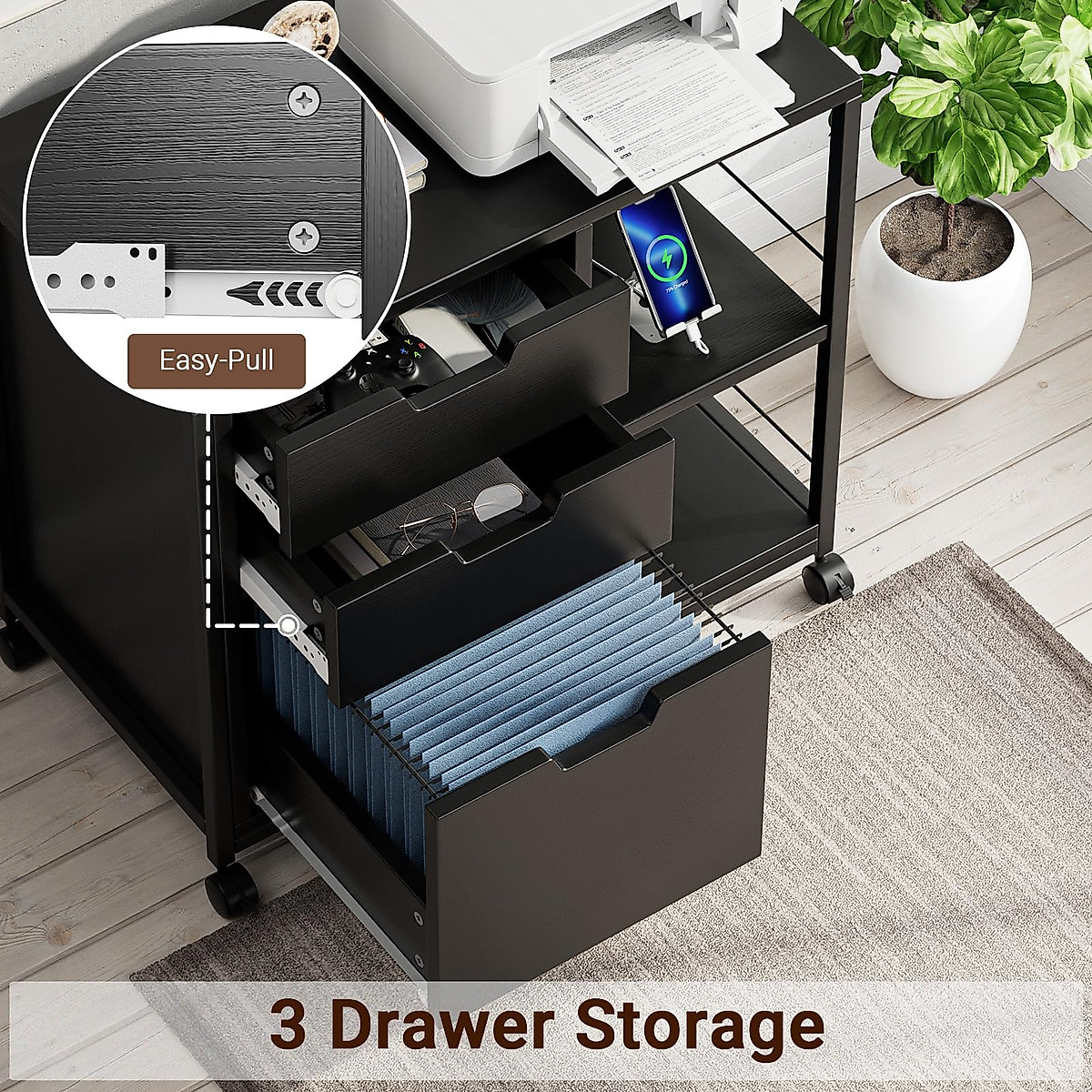 YaFiti File Cabinet for Home Office, 3 Drawer Lateral Filing Cabinets for Printer Stand with Storage and Socket USB Charging Port fits A4 or Letter Size, Black
