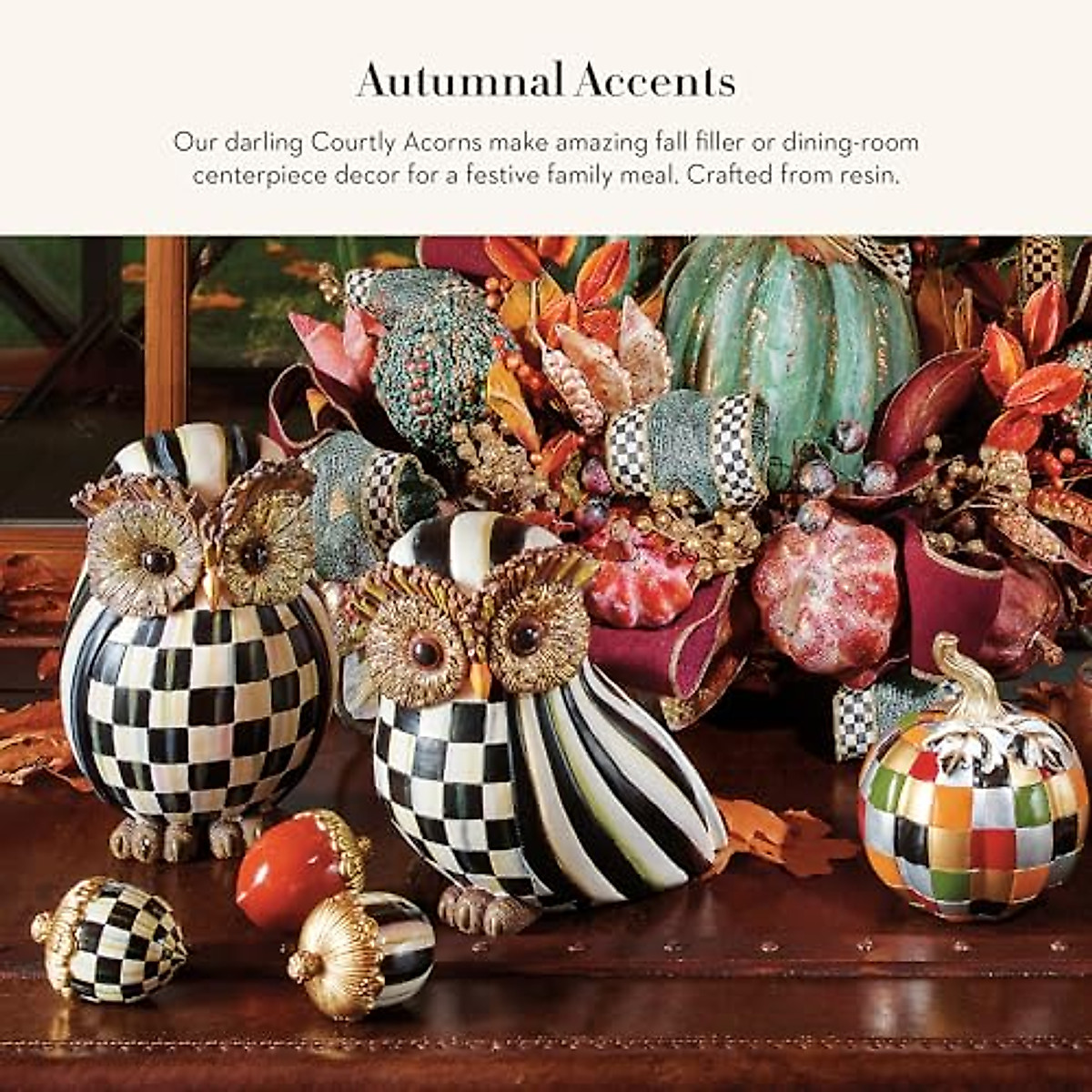 MACKENZIE-CHILDS Decorative Acorns, Resin Acorn Fall Decor for Kitchen and Home, Set of 3, Black-and-White Courtly