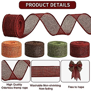 TONIFUL 1.5 Inch 4 Rolls Set Fall Ribbons Orange, Dark Red, Grass Green, Brown Burlap Wired Ribbons, for Thanksgiving Fall Wreath Home Decor Tree Topper Bow Decorations (6 yds/roll)