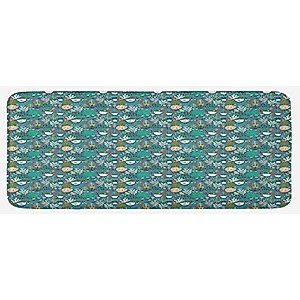 Ambesonne Botanical Kitchen Mat, Tropical Leaf Chicken Tulip Bouquet in Pot Forest Foliage Monstera Doodle, Plush Decorative Kitchen Mat with Non Slip Backing, 47" X 19", Teal White Magenta