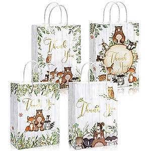 AnyDesign 24 Pack Woodland Thank You Gift Paper Bags with Handles Bulk 4 Design Woodland Baby Shower Party Favor Bags for Birthday Wedding Baby Shower Party Supplies Decoration, 5.9 x 8.3 x 3.1 Inch