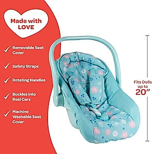 Adora Baby Doll Car Seat with with Removable Seat Cover - Machine Washable, Fits Most Dolls & Plush Animals Up To 20”, Birthday Gift For Children Ages 2+ - Blue Flower Power
