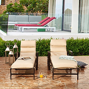 LOKATSE HOME 2 Piece Patio Chaise Lounge Chair Outdoor Furniture Set All Weather Metal Adjustable Backrest and Armchair with Removable Comfy Cushions, Khaki