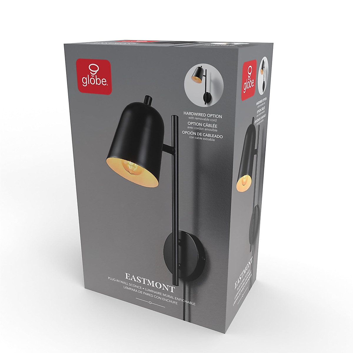 Globe Electric 65000049 1-Light Plug-in or Hardwire Wall Sconce, Matte Black, Pivoting Shade, Black Braided Fabric Designer Cord, E26 Base Socket, Home Décor, Wall Lighting, Home Improvement