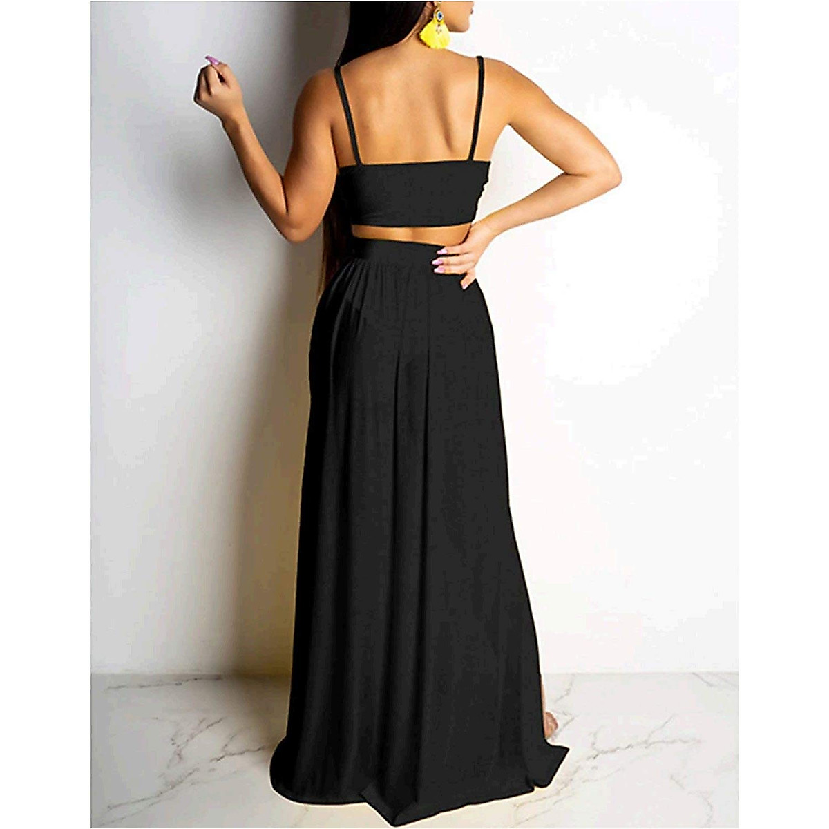 Rela Bota Women's Sexy Summer 2 Piece Maxi Chiffon Dress Crop Top Skirt Set Beachwear Black L
