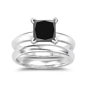 1.00 Ct Princess Cut Black Diamond Engagement and Plain Wedding (3mm comfort fit) Ring Set in Sterling Silver-8.5